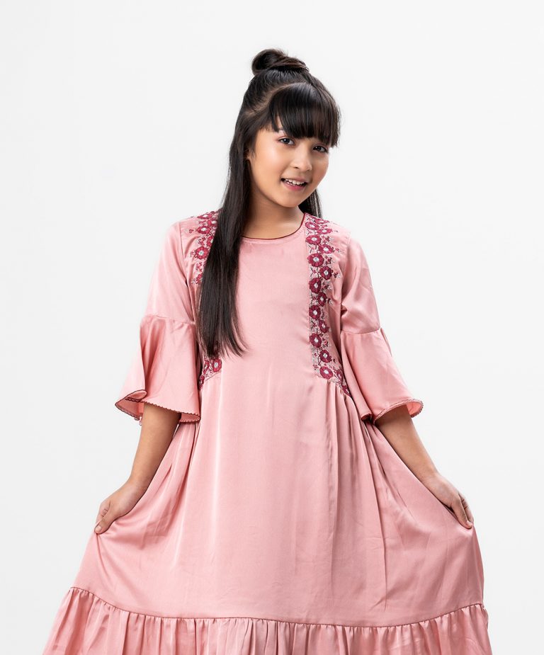 Peach pink Crepe Gathered Frock