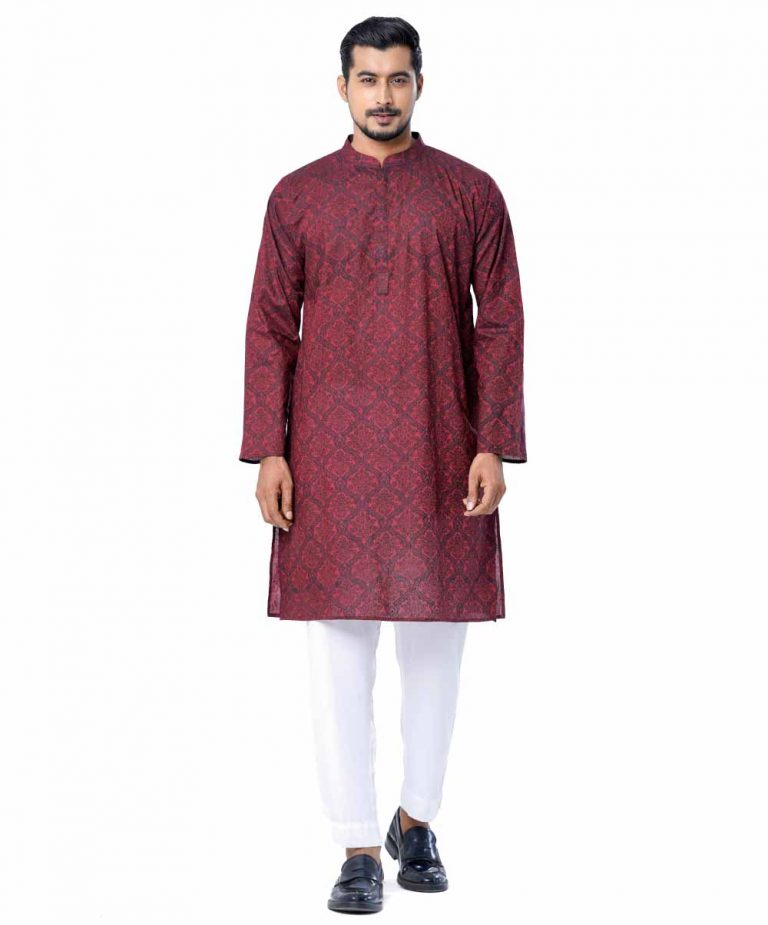 Maroon Semi Fitted Cotton Panjabi
