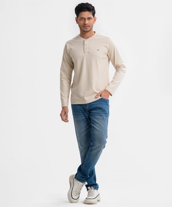 Beige Interlock Knit Long Sleeve Henley T-Shirt