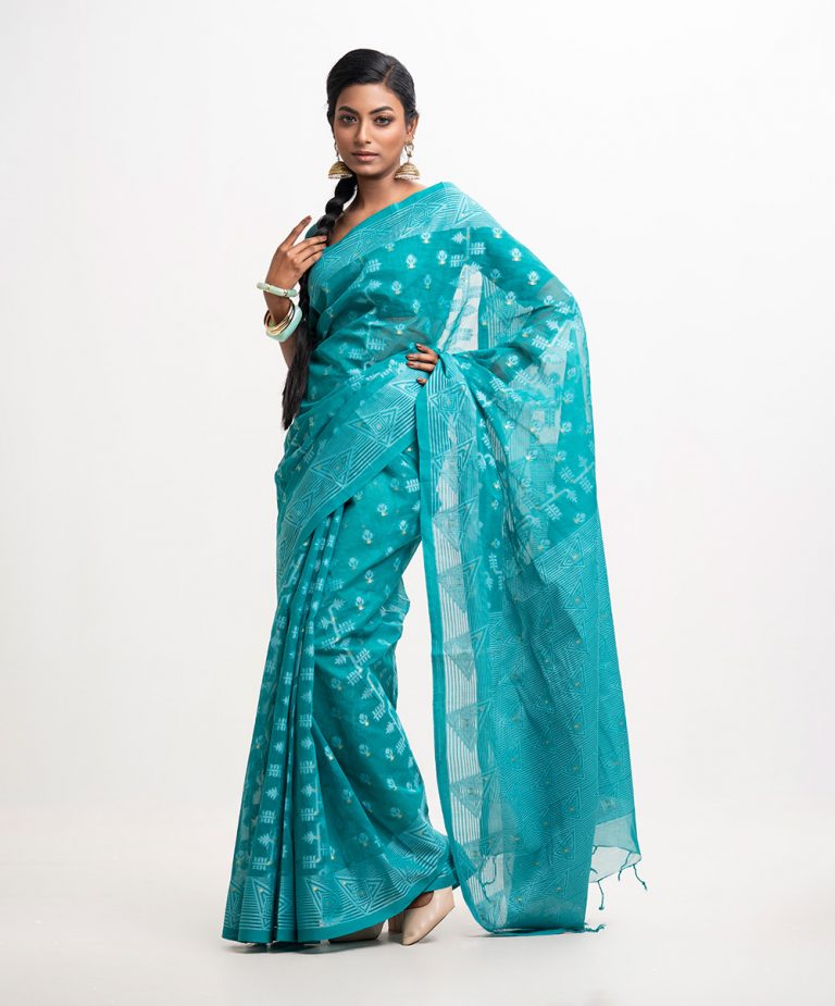 Home Shop Women Collection Ethnic Wear Turquoise Green Cotton Saree